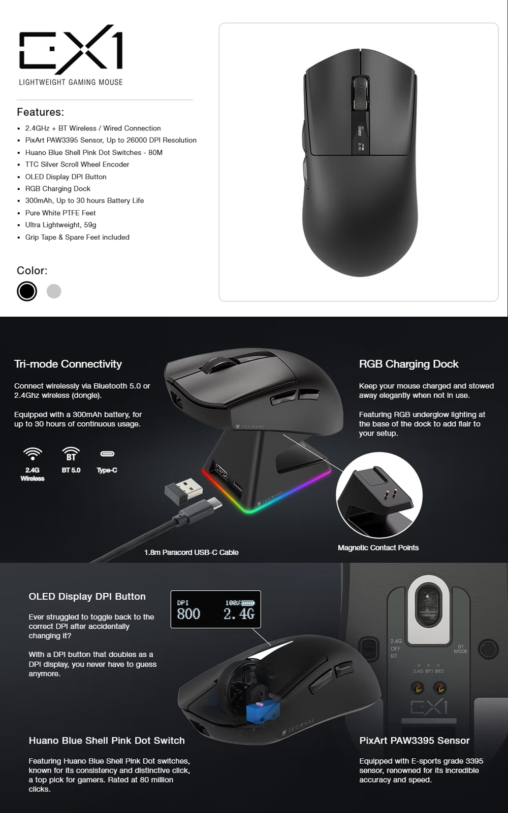TECWARE EX1 Lightweight Wireless Gaming Mouse with Tri-Mode ...