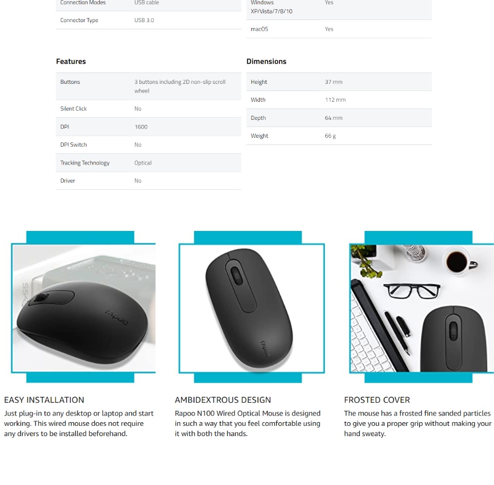 Rapoo N200 USB Optical Wired Mouse 1000DPI Mouse for Laptop Computer ...