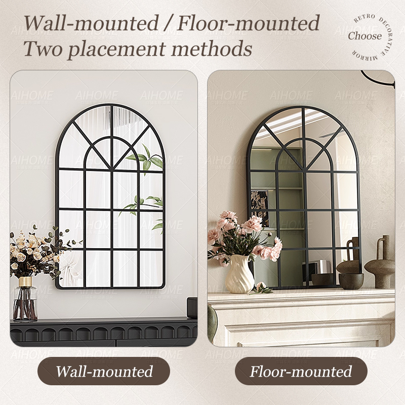 French retro full-length mirror Arched lattice decorative mirror Wall ...