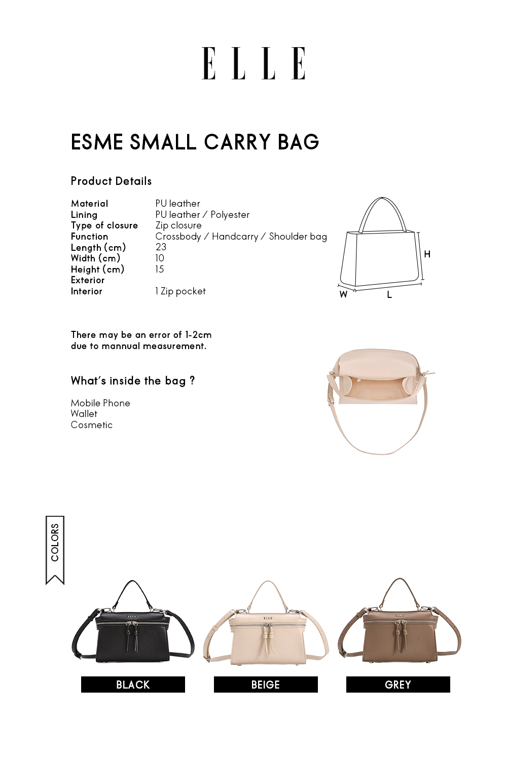 ELLE Esme Small Carry Bag in 3 colours: (Black, Beige & Grey) | Shopee ...