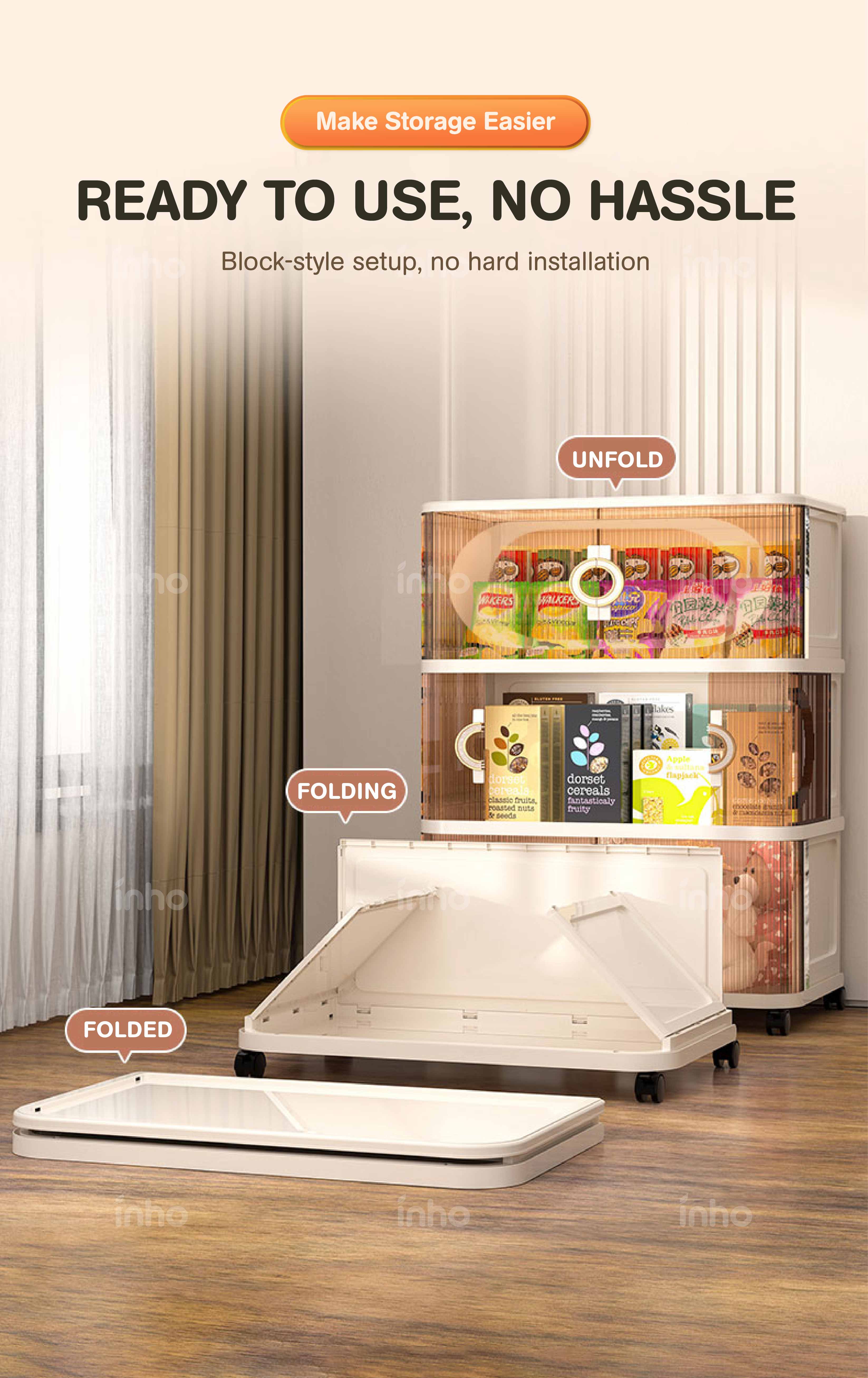 INHO L40-70cm Stackable Roller Shutter Storage Cabinet Foldable Sliding ...