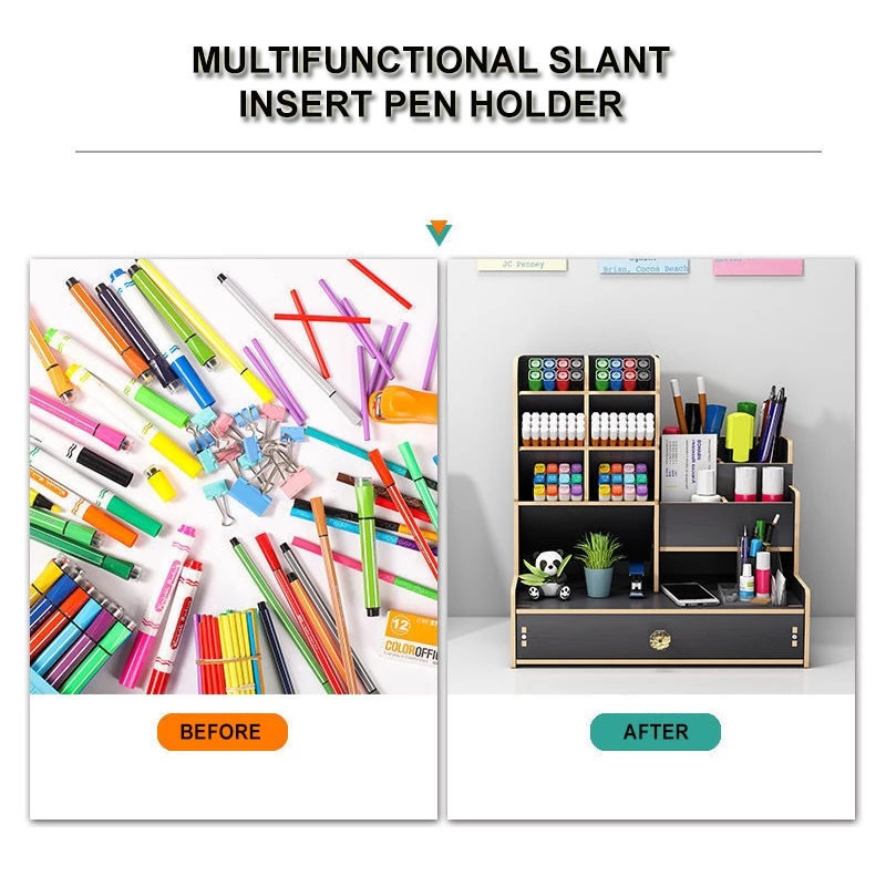 Wooden pen holder stationery storage box desk storage box student pen ...