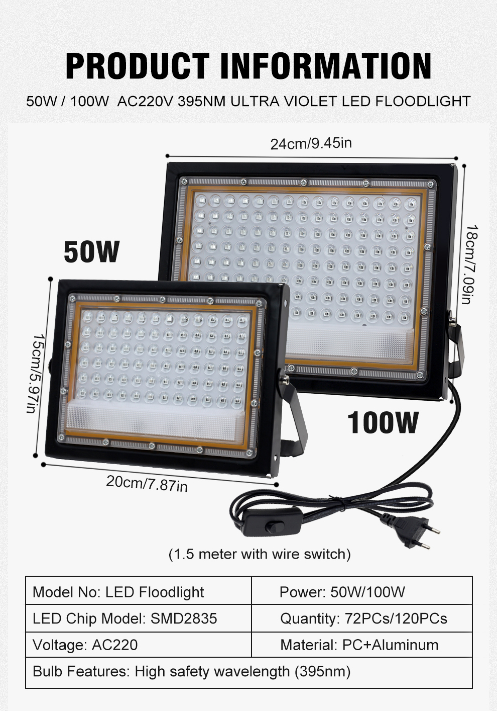 UV Light LED Floodlight AC220V 50W 100W IP66 395nm UV LED Fluorescent ...