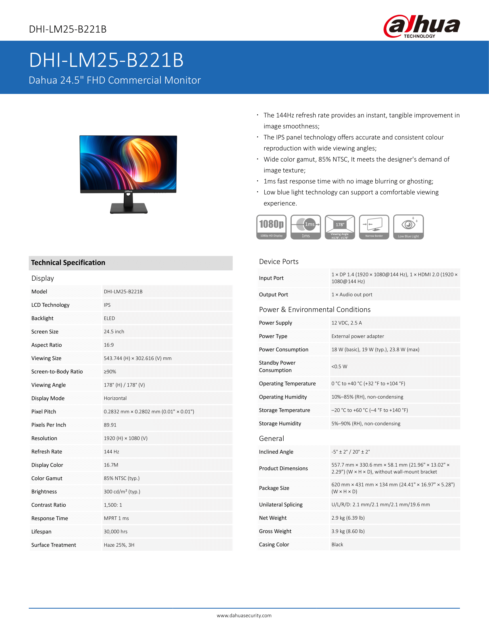 Dahua LM25-B221B 24.5" FHD IPS 144Hz MPRT 1ms Commercial Monitor [3 ...