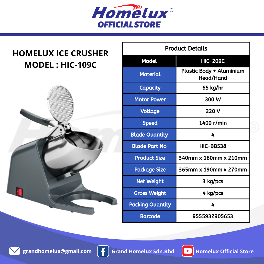HOMELUX ICE CRUSHER 4 BLADE ICE SHAVER SERIES HIC-109C MESIN PENGISAR ...