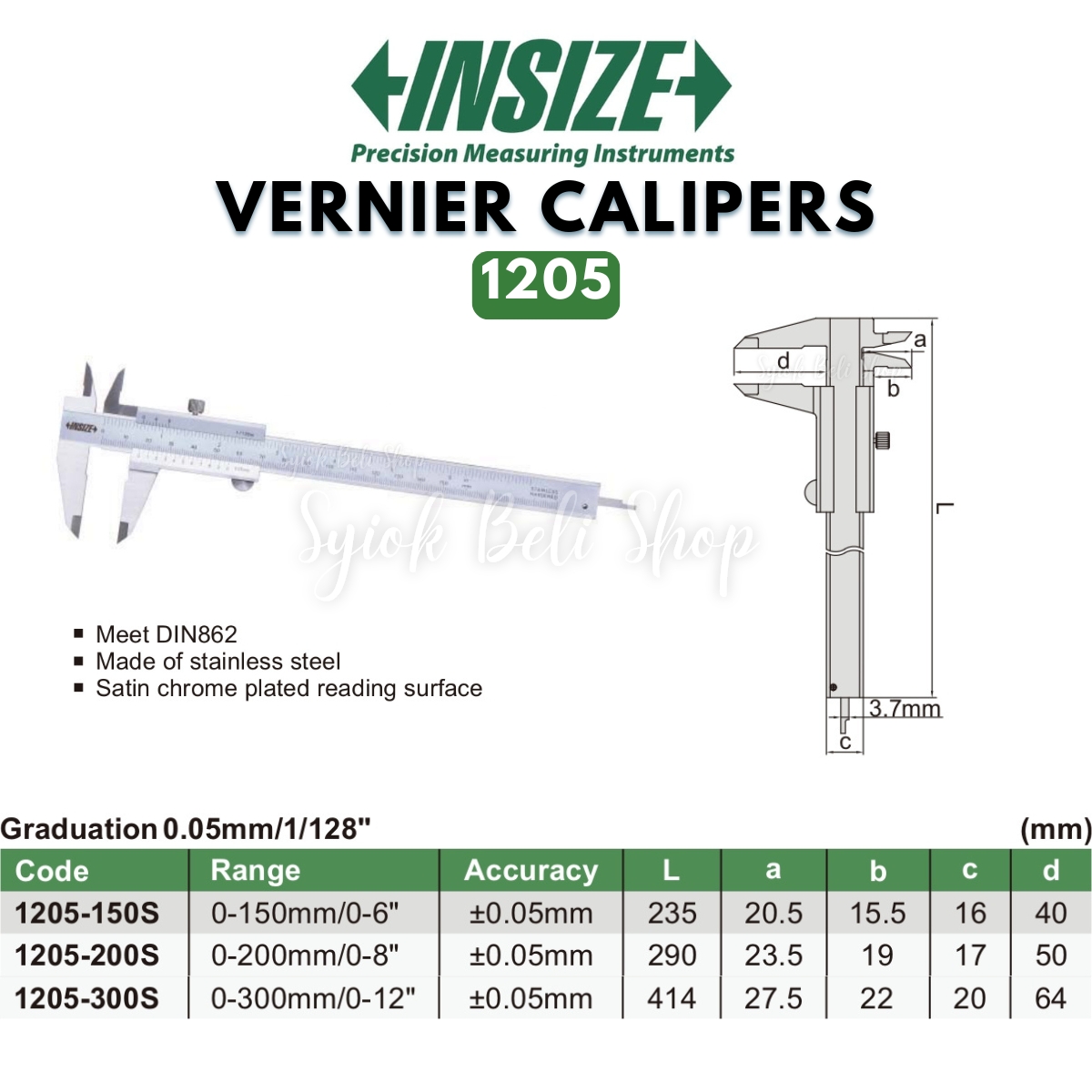 INSIZE Vernier Caliper 1205-150S ( 0-150mm / 6" ) / 1205-200S ( 0-200mm ...