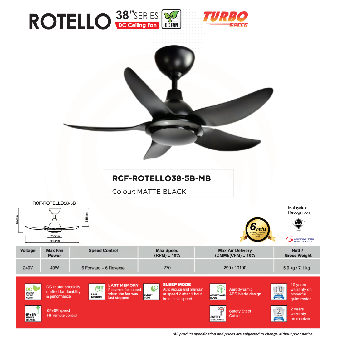 Rubine ROTELLO 38" 5 Blade DC Motor 12 Speed SIRIM Remote Control ...