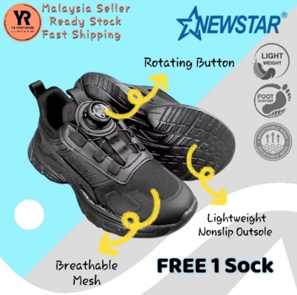 Newstar kasut sekolah lightweight breathable rotating button black ...