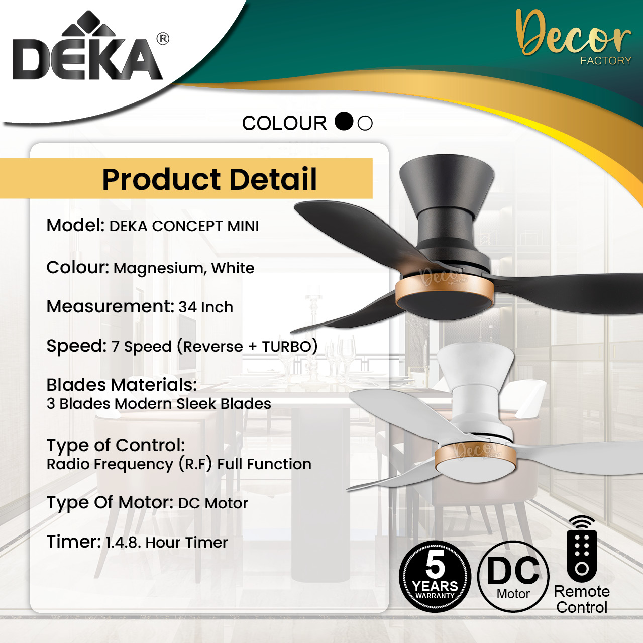 DEKA Fan DEKA CONCEPT MINI 34" 3 Blades 7 Speed Forward+Reverse DC ...