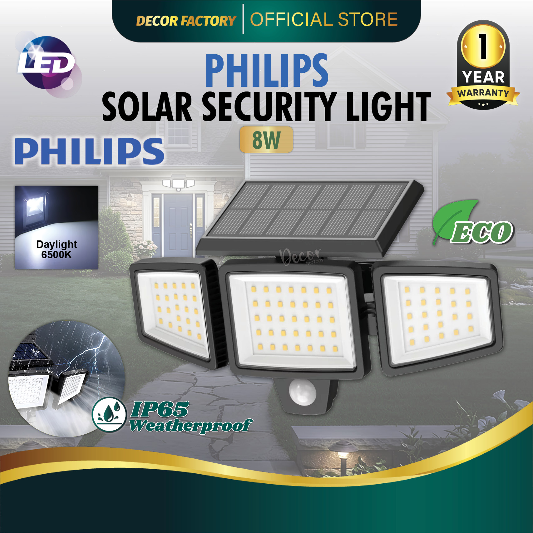 PHILIPS ZYLX SOLAR Security Light 8W Daylight IP65 Waterproof Energy ...