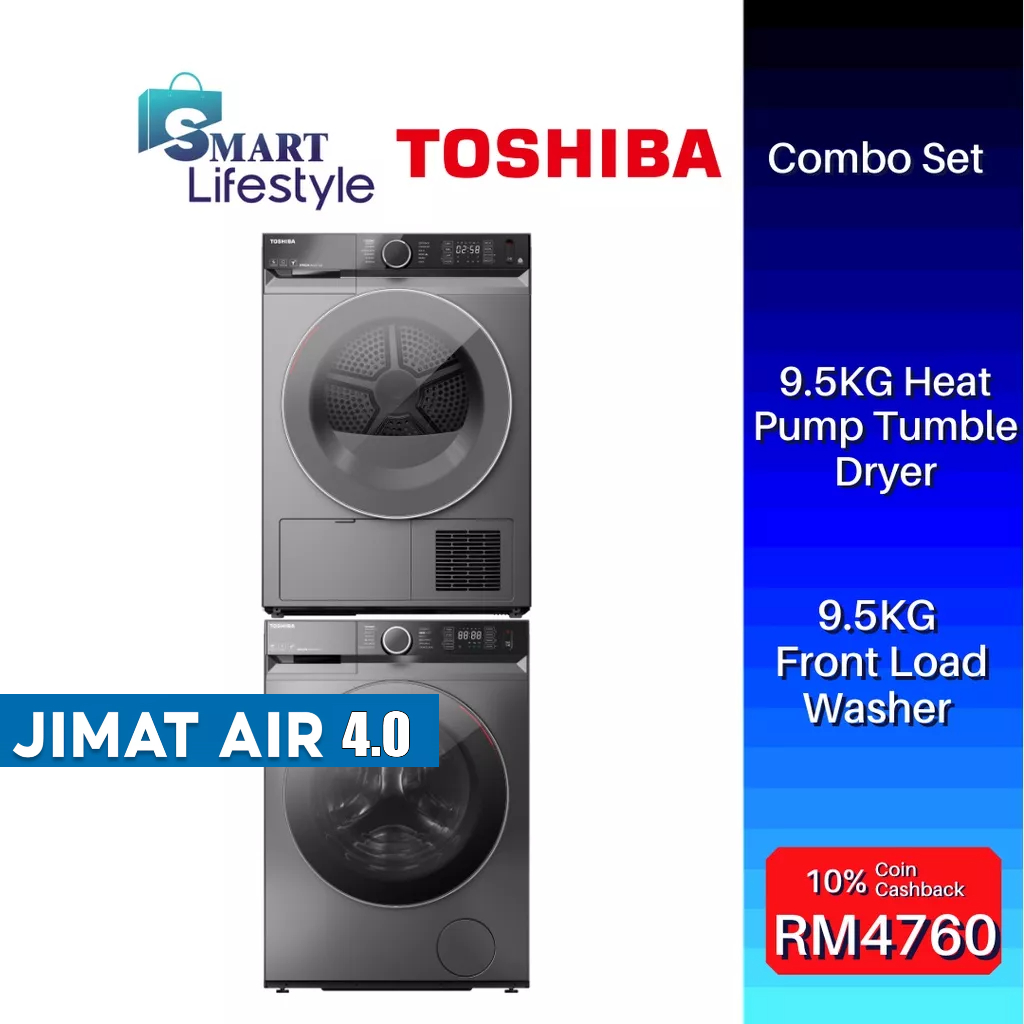 Toshiba 9.5KG Front Load Washer + Toshiba 9.0KG HEAT PUMP TUMBLE DRYER - TW-BK105GF4M(SK) + TD ...