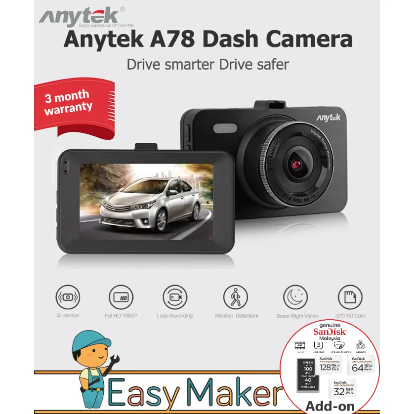 Anytek A78 3" IPS Car DashCam Car Camera Recorder FHD 1080P Recorder ...