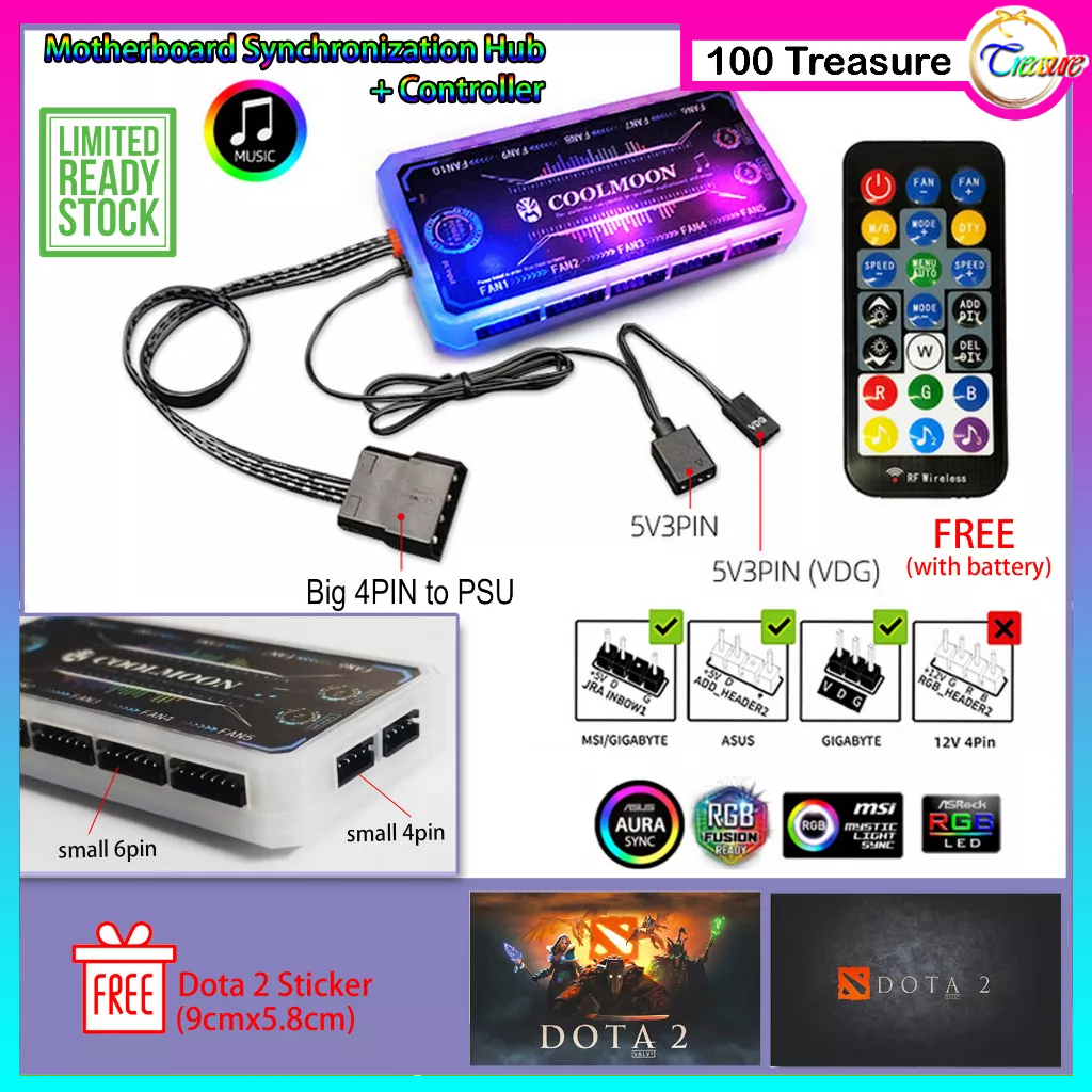COOLMOON RGB HUB (full Black) + Controller Motherboard Sync 5V ARGB ...