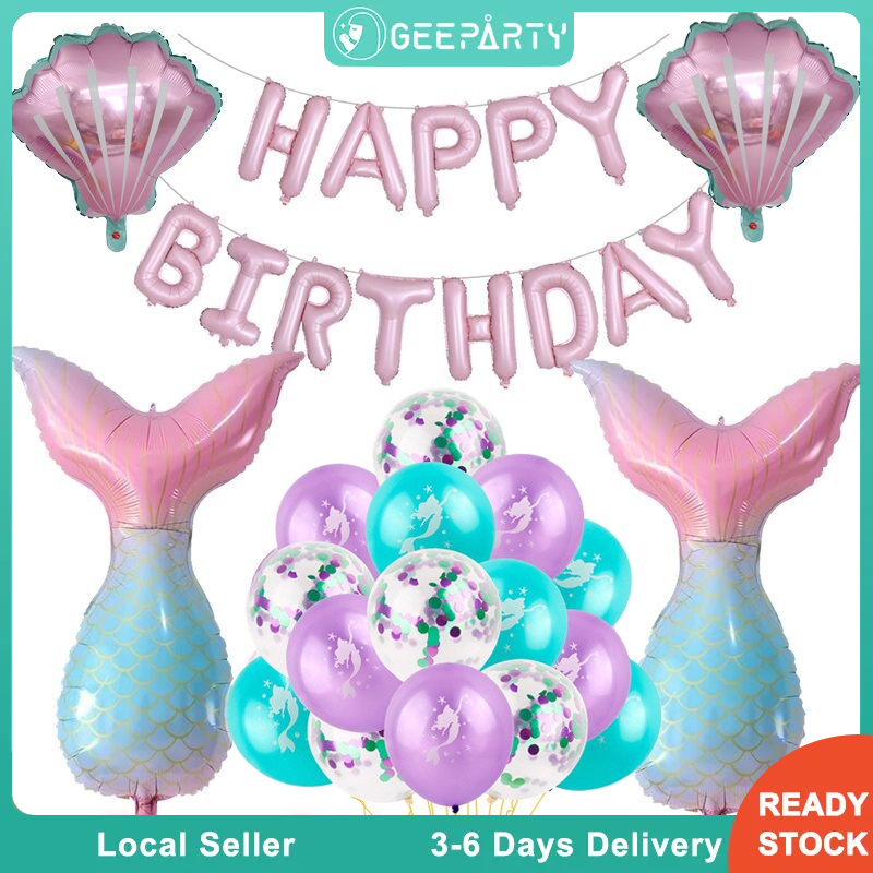 GeeParty Theme Mermaid Tail Balloon Foil Shell Balloon Latex Birthday ...