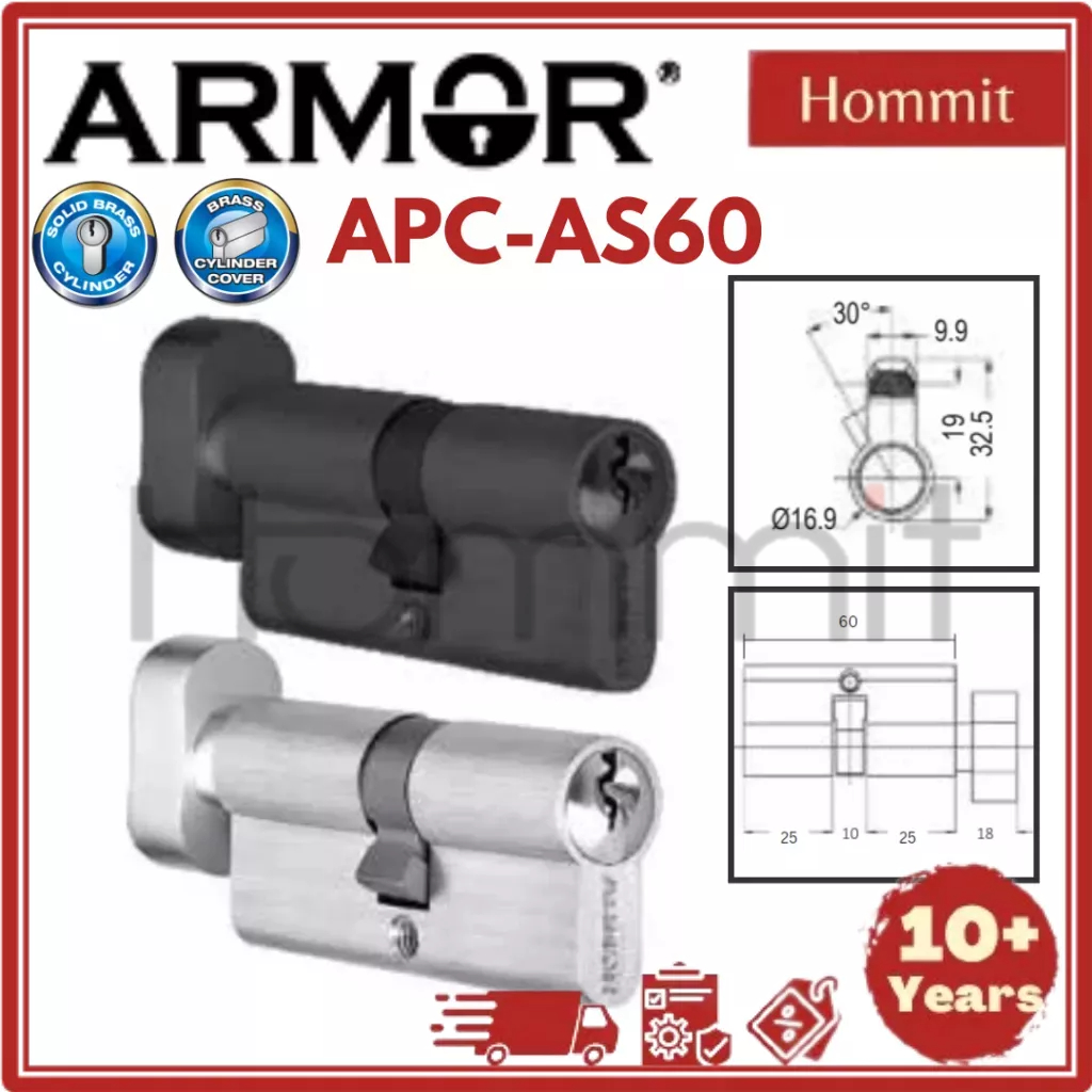 Armor APC-AS 60mm Solid Brass Cylinder Thumbturn & Key Lock Set Key ...