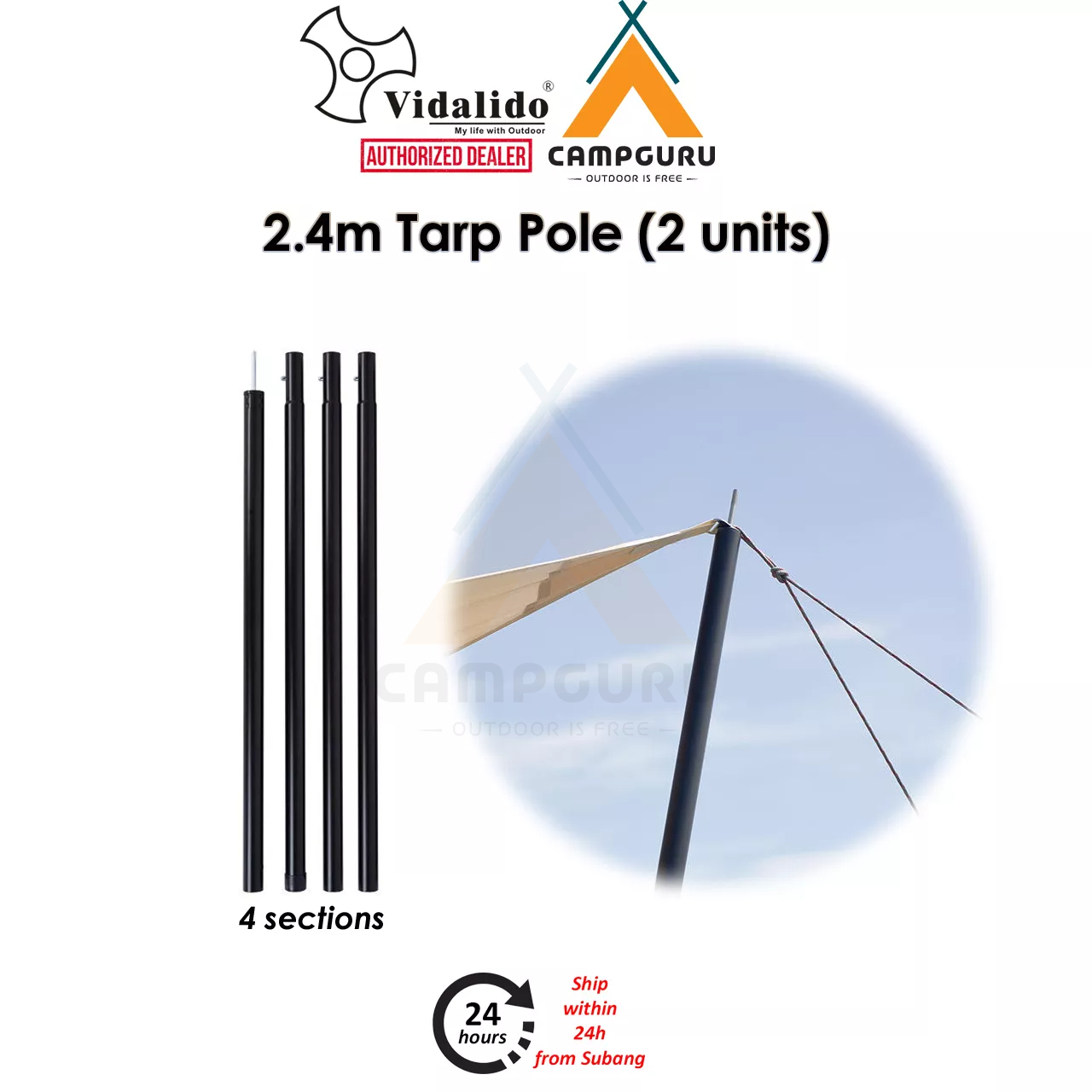 Vidalido 2.4M Tarp Pole 2pcs Set Heavy Duty Iron Steel 4-Section Rod ...
