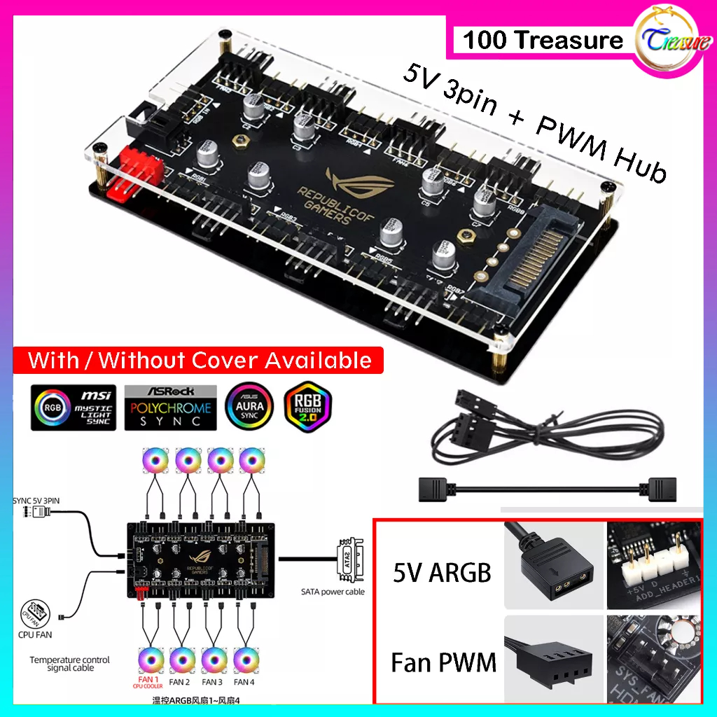 PWM 4pin/3pin Fan Hub Splitter 1 to 8 Hub Splitter for 5V ARGB 3pin ...