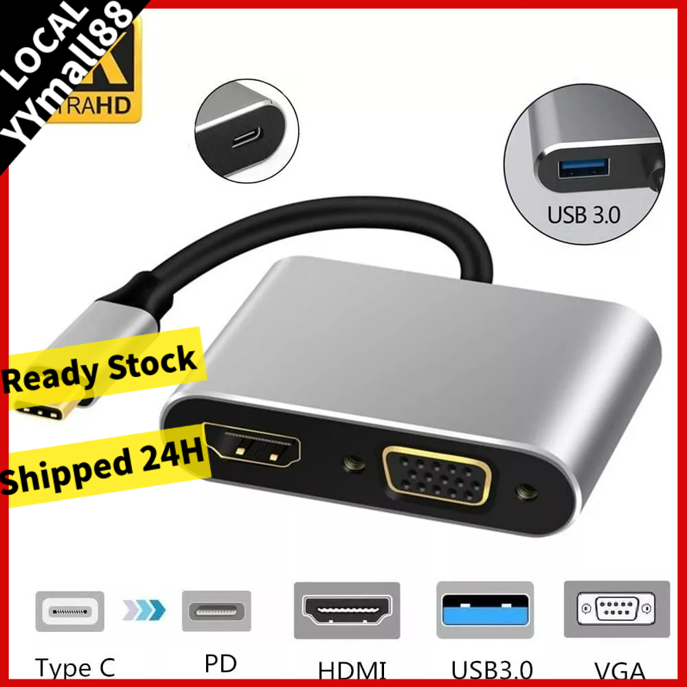 【24H】4 IN 1 HUB USB C To HDMI 4K VGA Adapter USB 3.0 Type C USB-C to ...