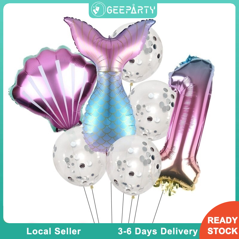 GeeParty 7 Pcs Mermaid Number Balloons Party Foil Balloon Happy ...