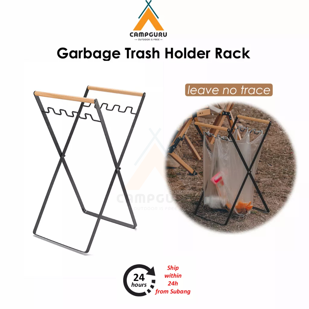 CAMPGURU Camping Trash Holder Stand Foldable Garbage Wooden Steel Rack ...