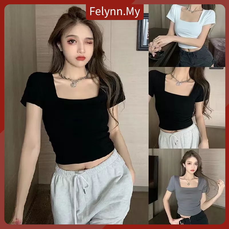 【Felynn.My】Women's Summer 6746 Square Neck T-Shirt High Waist Cropped ...