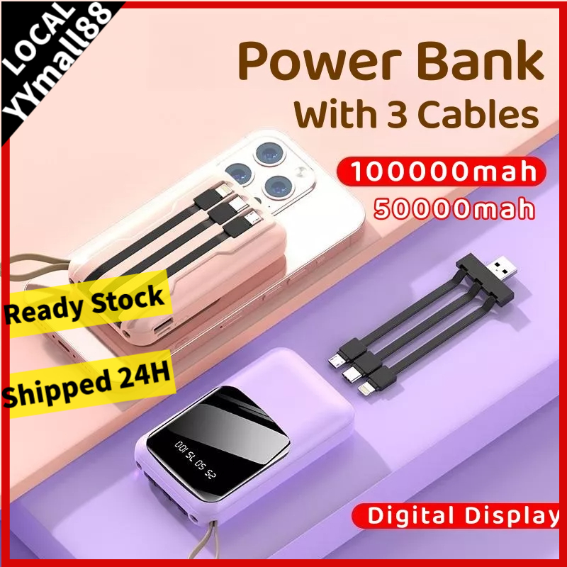 【24H】Power Bank 100000mah 20000mah Built-in 3 Cables Fast Charging ...