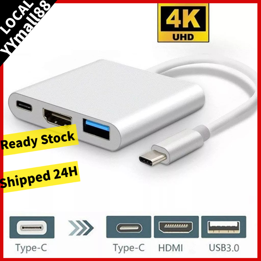 【24H】3 IN 1 HUB Type-C To HDMI 4K USB 3.0 Type C PD Fast Charging ...