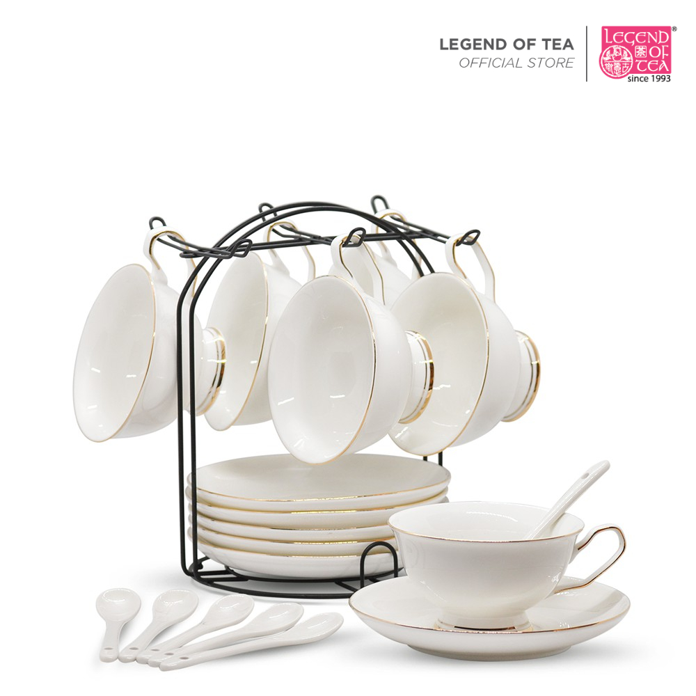 Lots® European Style White Elegance Teapot Cup Saucer and Rack Tea Set ...