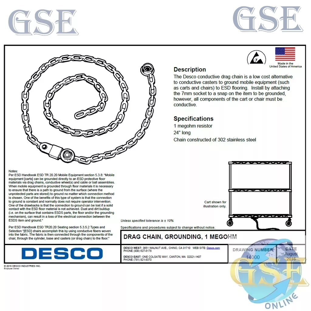 ESD Grounding Chain for carts, trolleys & chairs c/w Built-in 1 mega ...