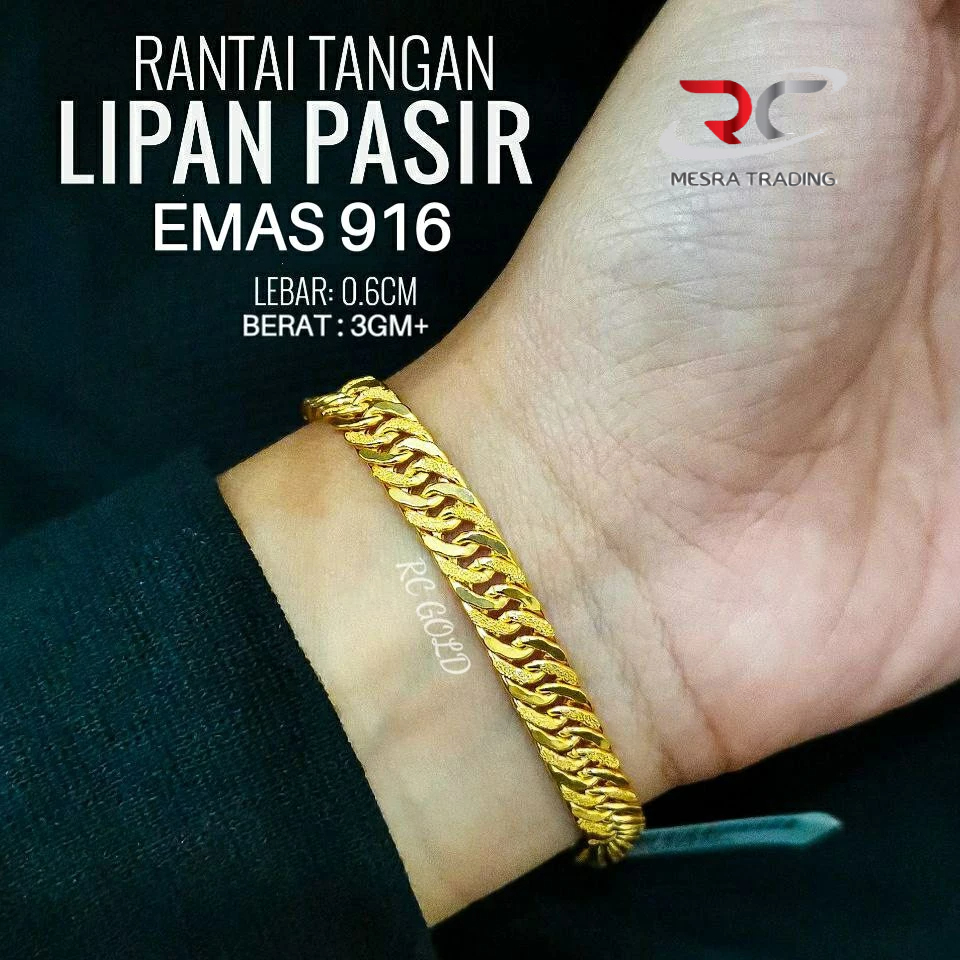 RANTAI TANGAN LIPAN PASIR 3GM BAJET EMAS 916 GELANG KAIT 2 KOSONG PASIR ...