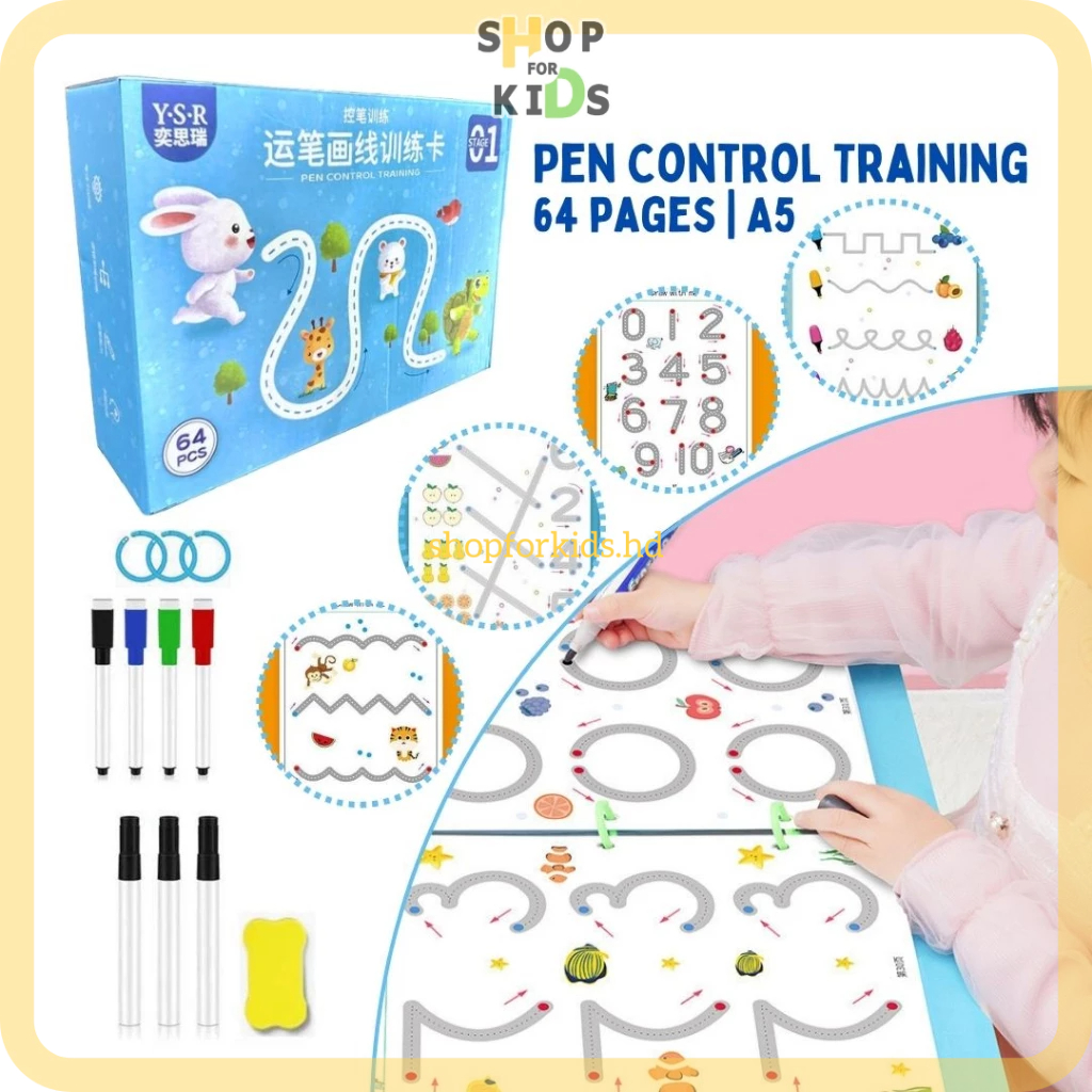 PEN CONTROL TRAINING SET + 7 MARKER PENS | Erasable Tracing Workbook ...