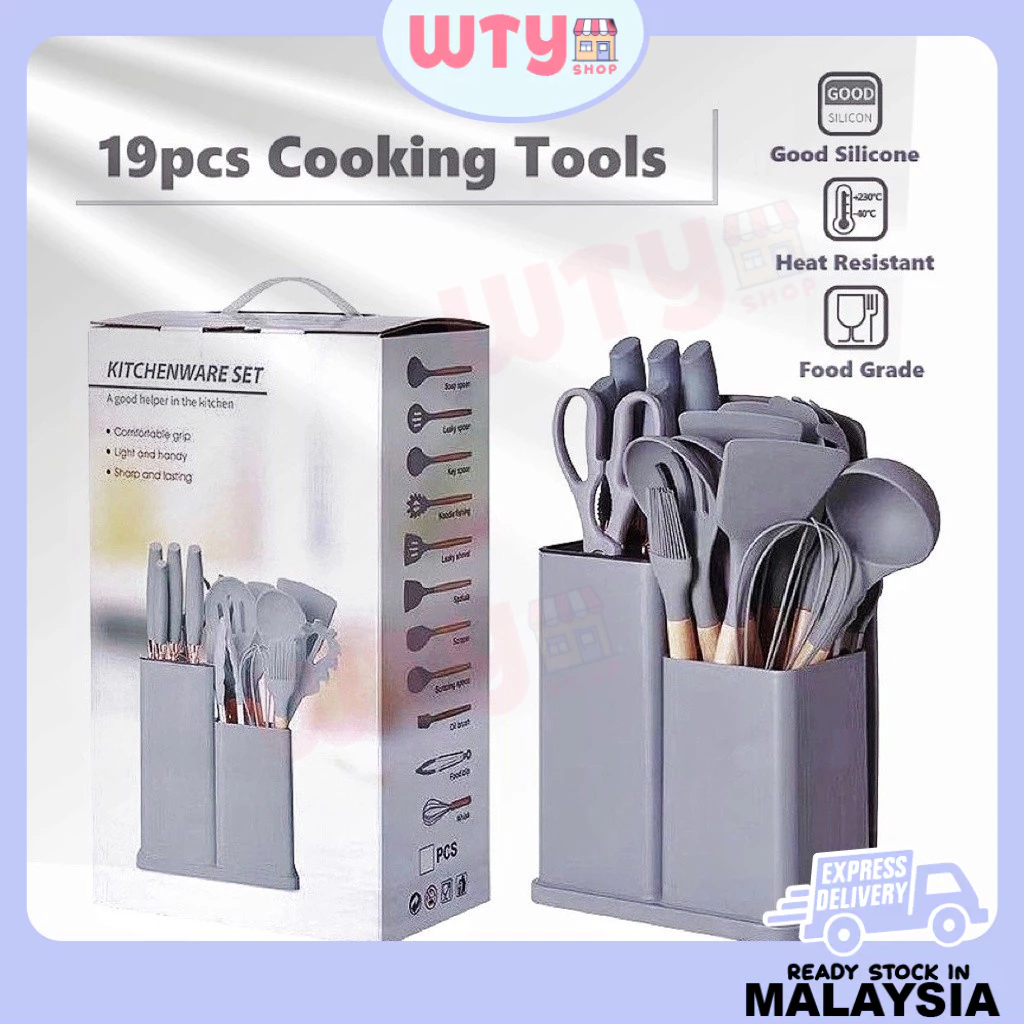 【READY STOCK 】19pcs Silicone Cooking Utensil Set with Holder Knife Set ...