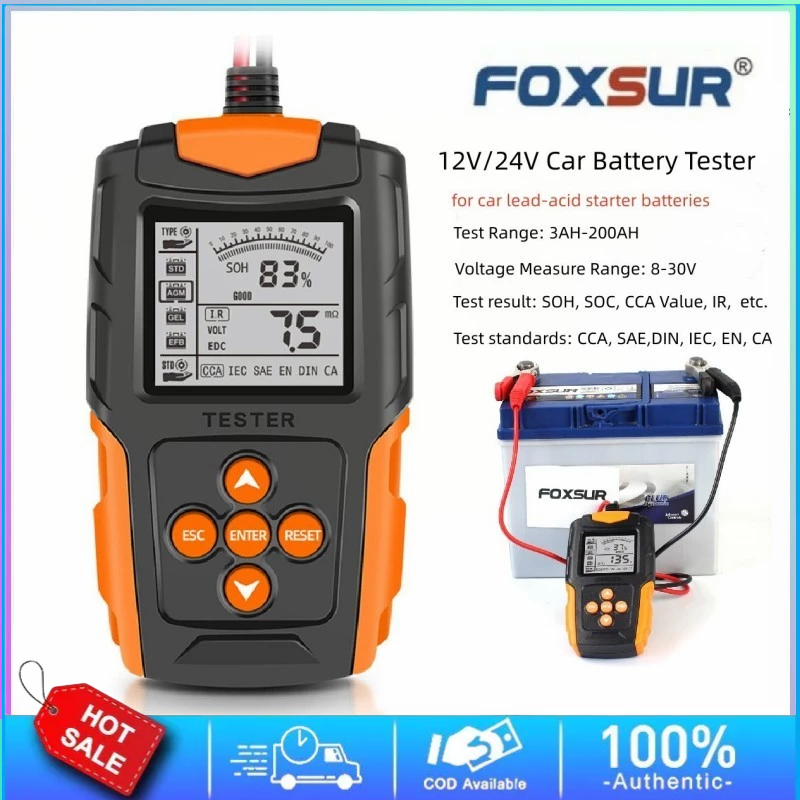 👍FOXSUR Car Battery Tester 12V24V LCD Digital Battery Analyzer CCA SOH ...