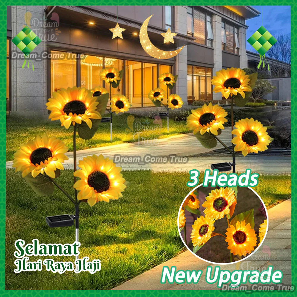 Lampu Solar Light 3 Heads Sunflower Lamp Outdoor Waterproof Garland ...