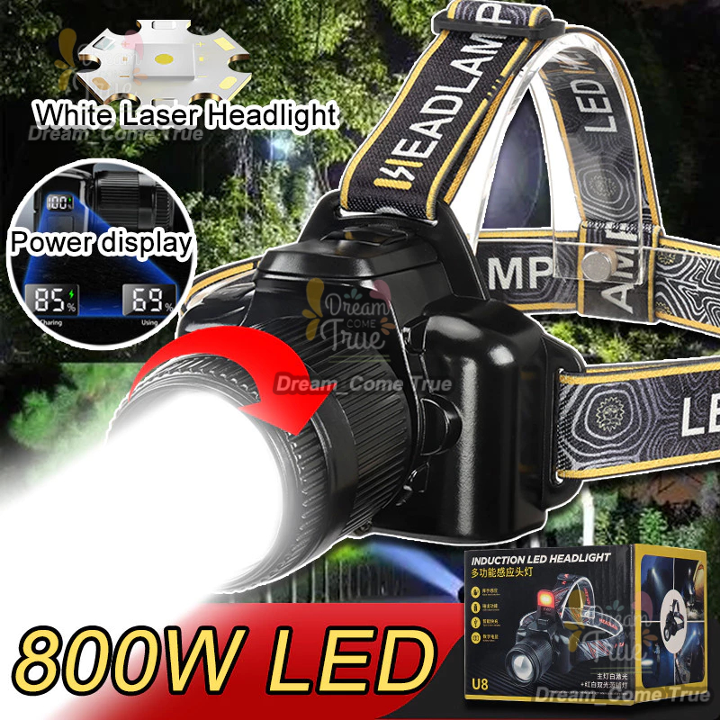 800W White laser LED digital display head lamp Rechargeable Outdoor ...