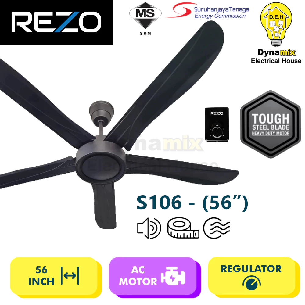 REZO S106 Ceiling Fan 56“ | 5 Steel Blades | Heavy Duty AC Motor | 5 ...