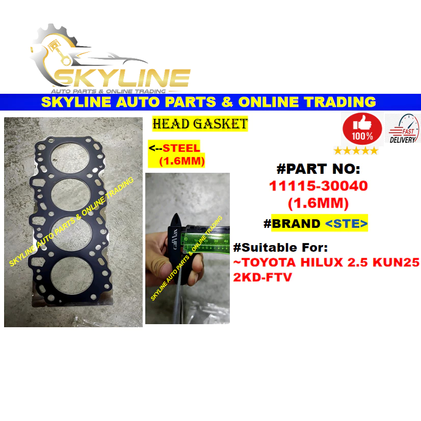 11115-30040 (1.6MM) (Thickness) Head Gasket Toyota Hilux 2.5 Kun25 2KD ...