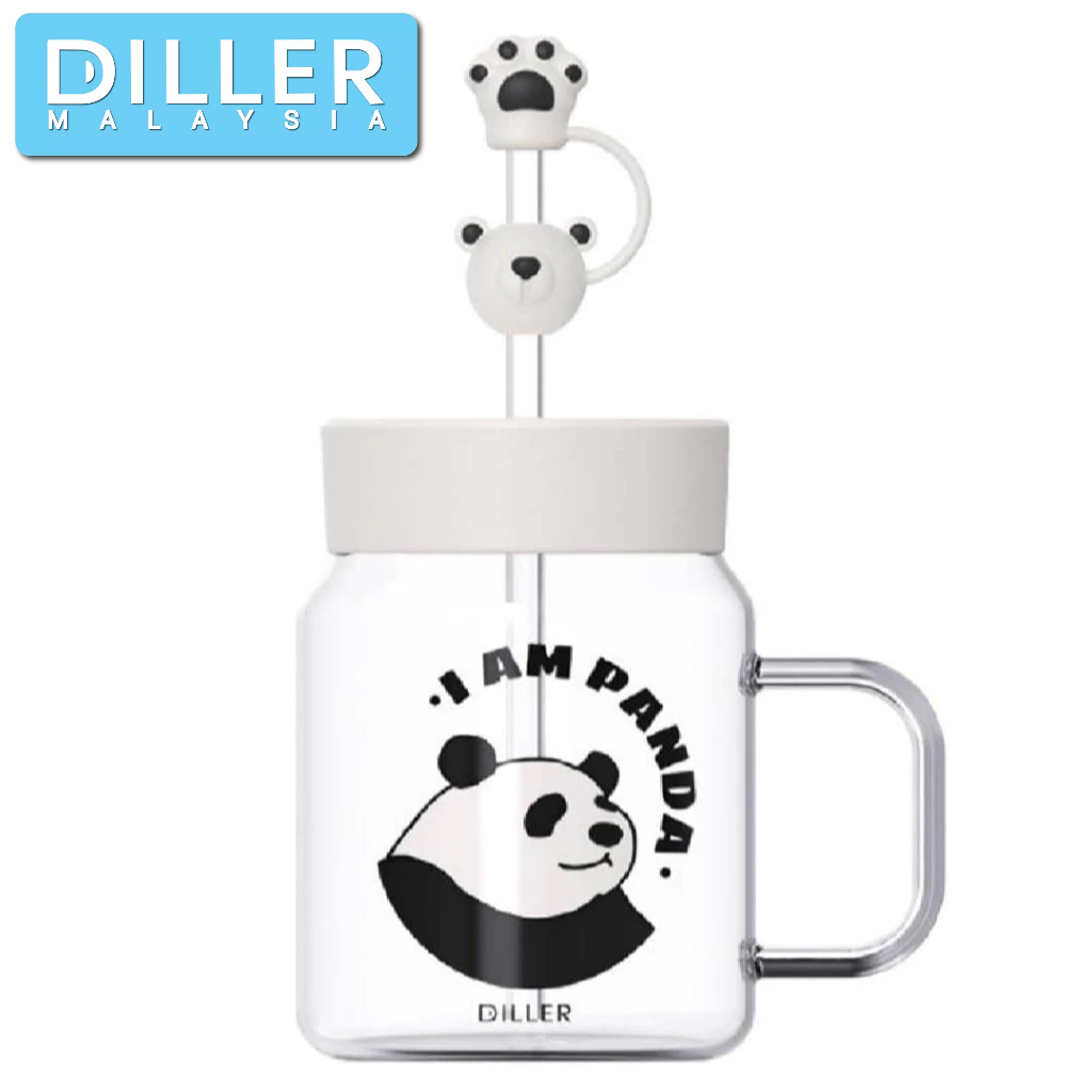 Diller Panda Borosilicate Glass Water Mug With Glass Straw Silicone ...