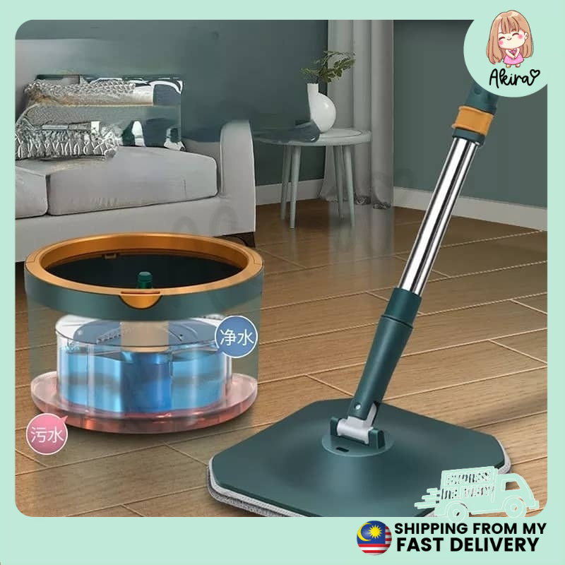 Spin Mop Flat Mop Round Head Floor Clean Water Separated Mop / Isi Rumah Spin Mop dengan Baldi ...