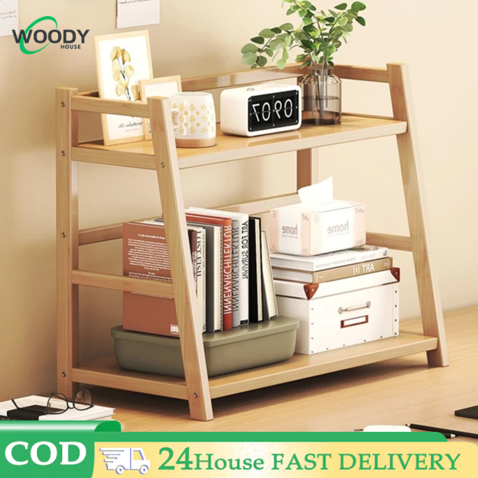 Rak buku Desk Organizer Rack Wooden 2 layer Bookshelf Rak Penyusun Meja ...