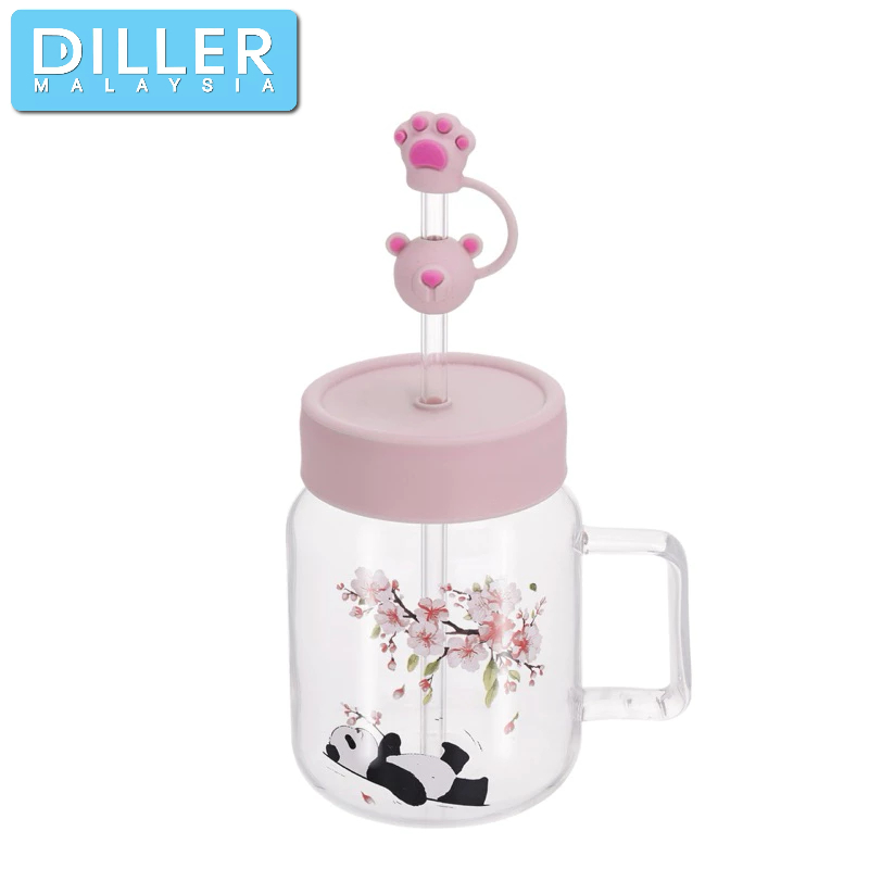 Diller Sakura Panda Borosilicate Glass Water Mug With Glass Straw ...