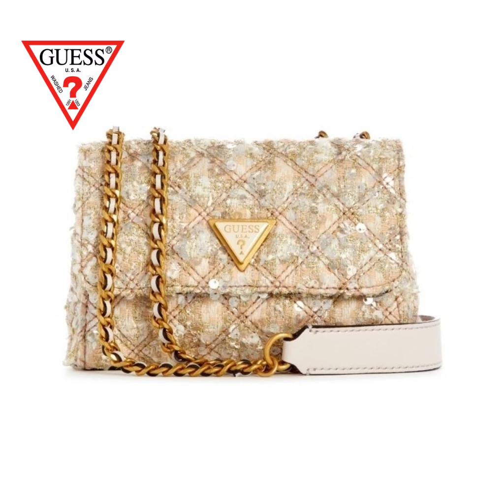 Gues Ladies Giully Tweed Mini 2 Compartment Convertible Flap Gold Multi ...