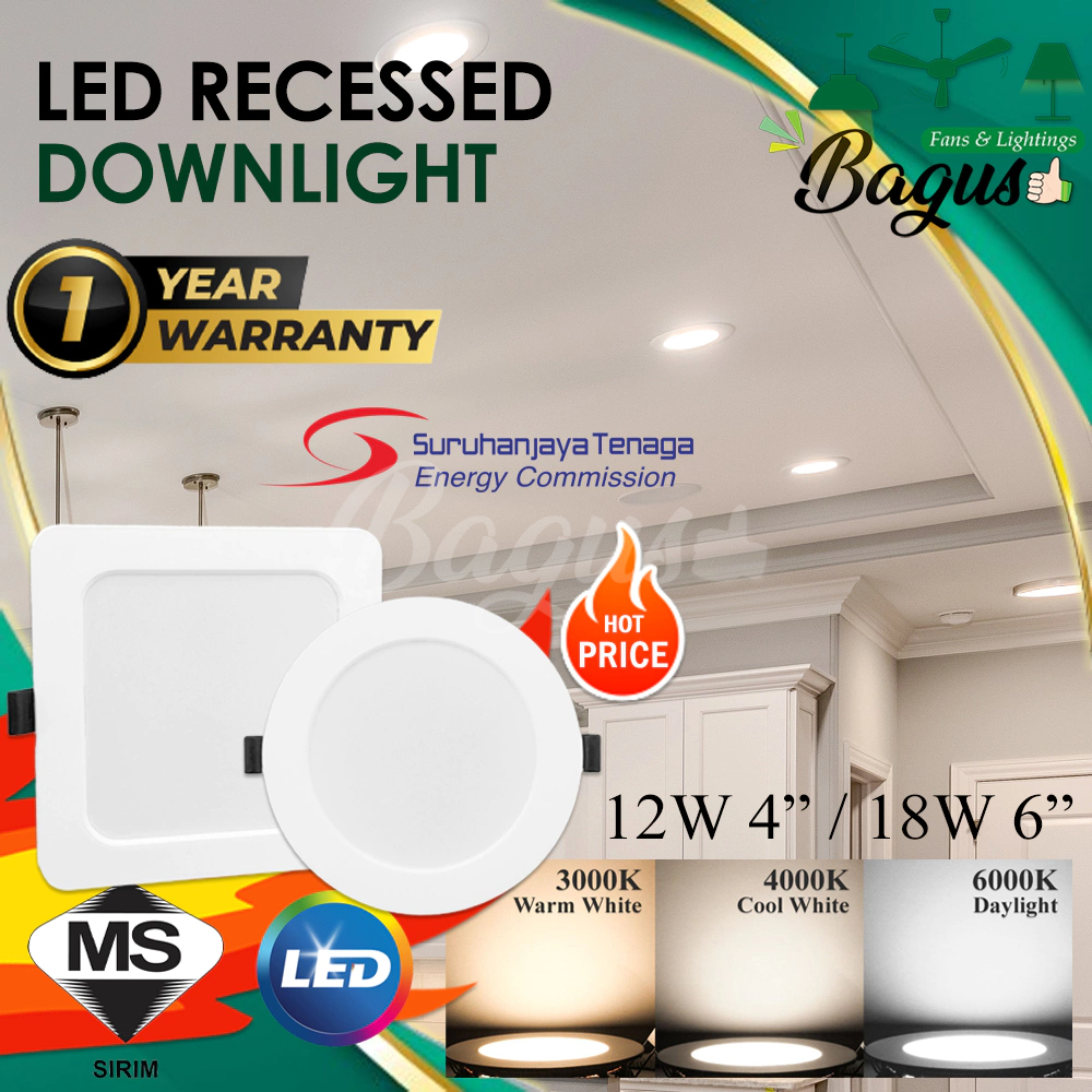 [SIRIM] LED Recessed Downlight - 12W 4" / 18W 6" Square / Round [3000K ...