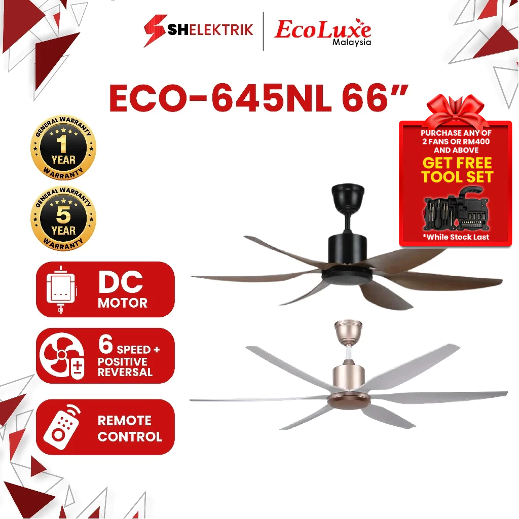 ECOLUXE 645NL 66" 6 Blades Ceiling Fan DC Motor - Dark Wood / Rose ...
