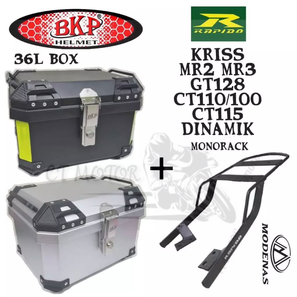 BKP Motorcycle 36L Top Box ABS PLASTIC + RAPIDO Monorack Set MODENAS ...
