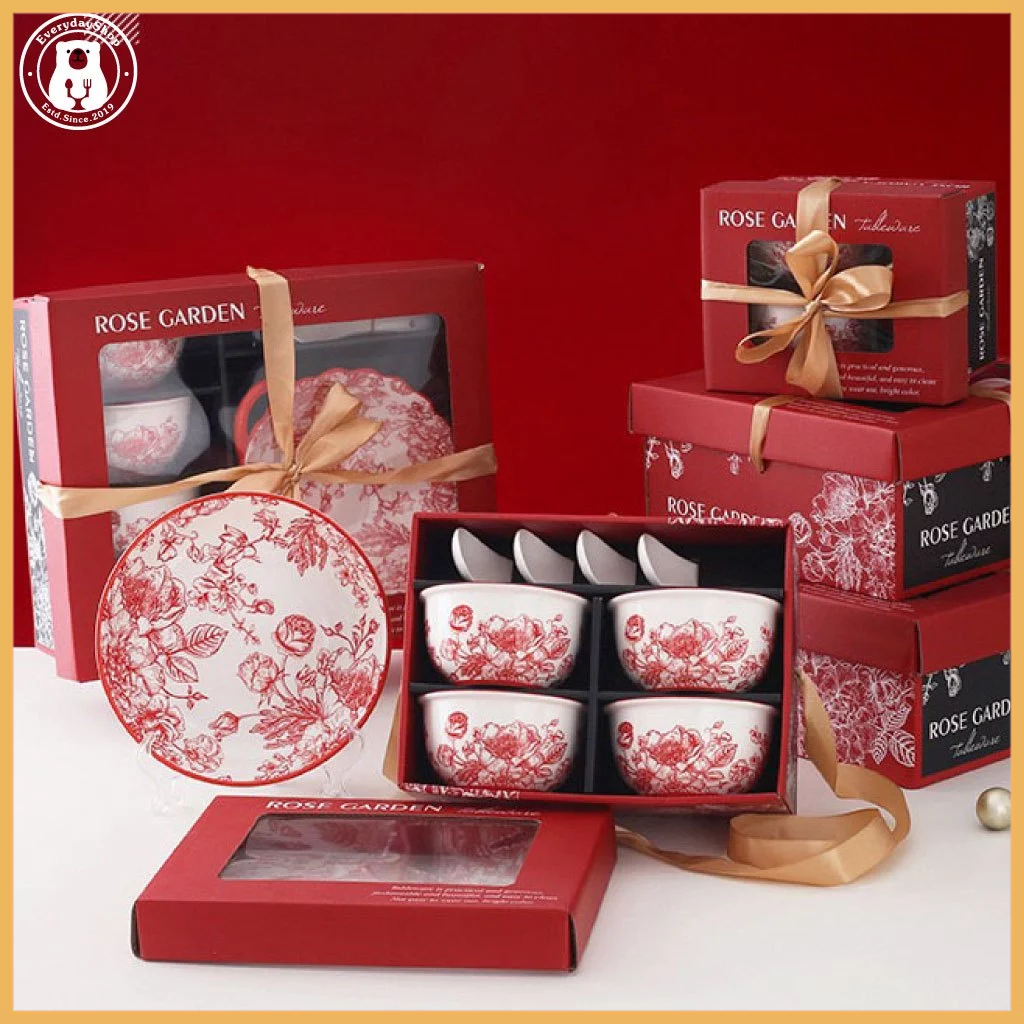 Rose flower Style Ceramic Dinnerware Gift Set With Box Bowl Set Mangkuk ...