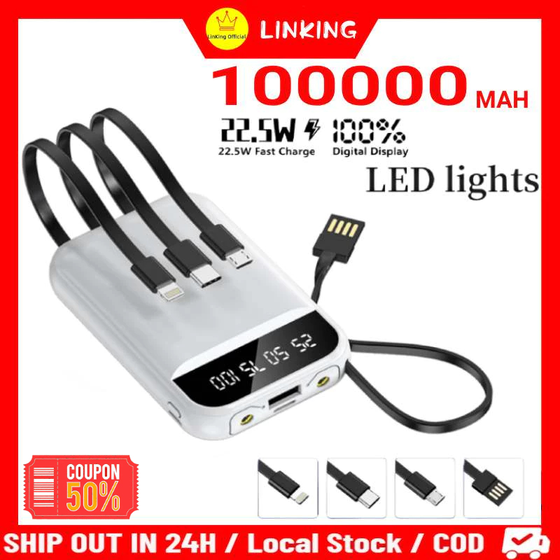 Portable Mini 100000mAh Powerbank Built-in 4 Cables Fast Charging ...