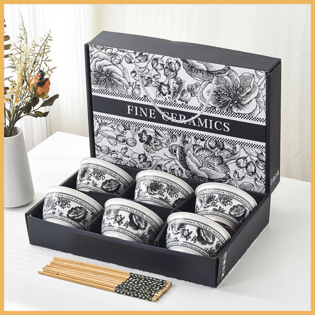 Nordic Style Set Ceramic Bowl With Chopstick Bunga Rose Hitam Cadmium ...