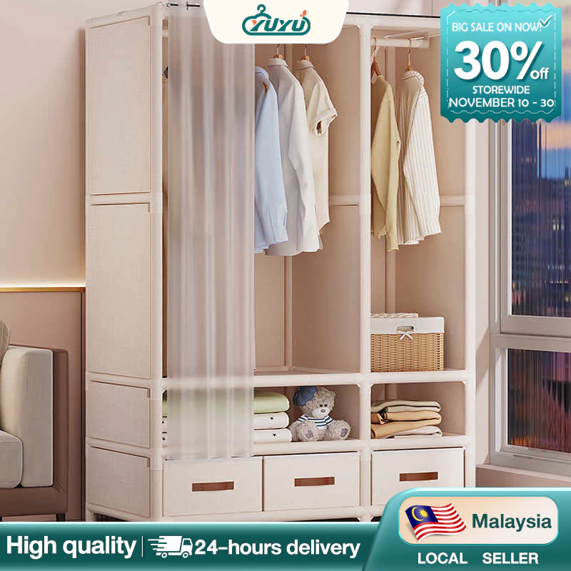 Clothes Wardrobe with Curtain Storage Organizer Rak Baju Dust Proof ...