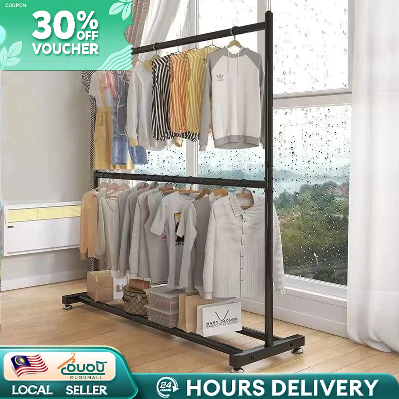 OuOu® 200CM Double Pole Clothes Hanging Rack Strong Steel Laundry Rack ...